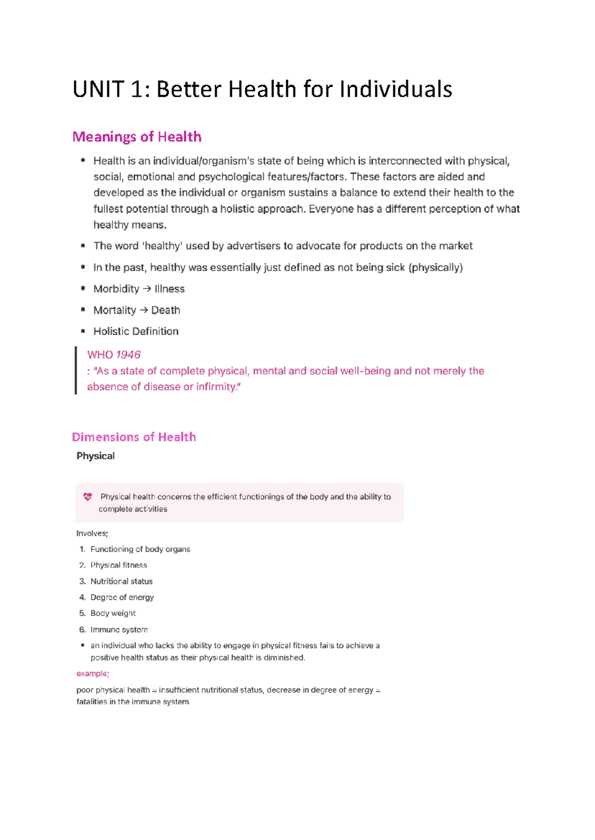 Better health for individuals PRELIM study notes - UNIT 1: Better ...