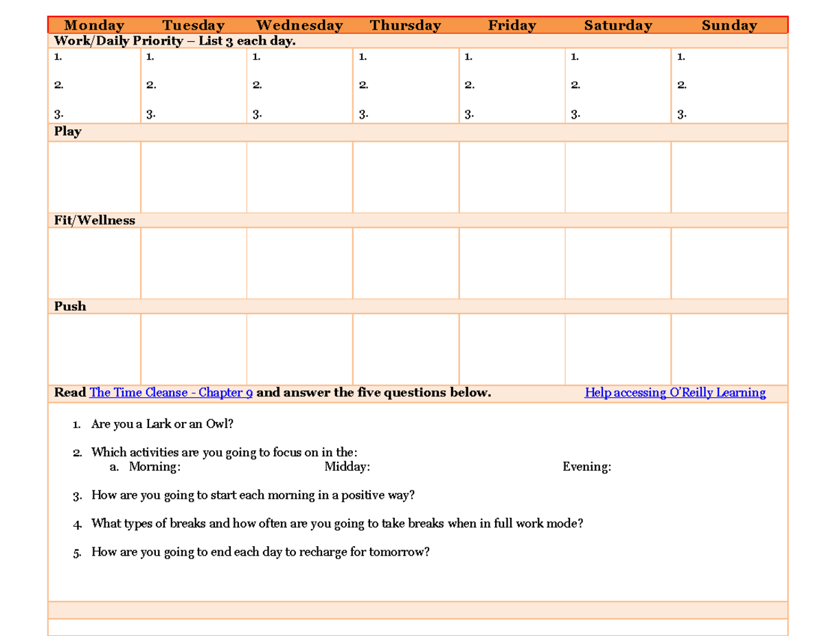Weekly Plan 1(11) 2 - Monday Tuesday Wednesday Thursday Friday Saturday ...