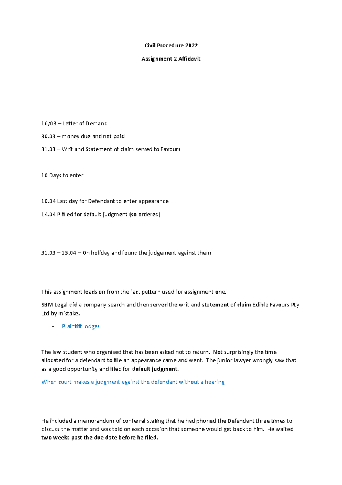Assignment two fact pattern. - Civil Procedure 2022 Assignment 2 ...