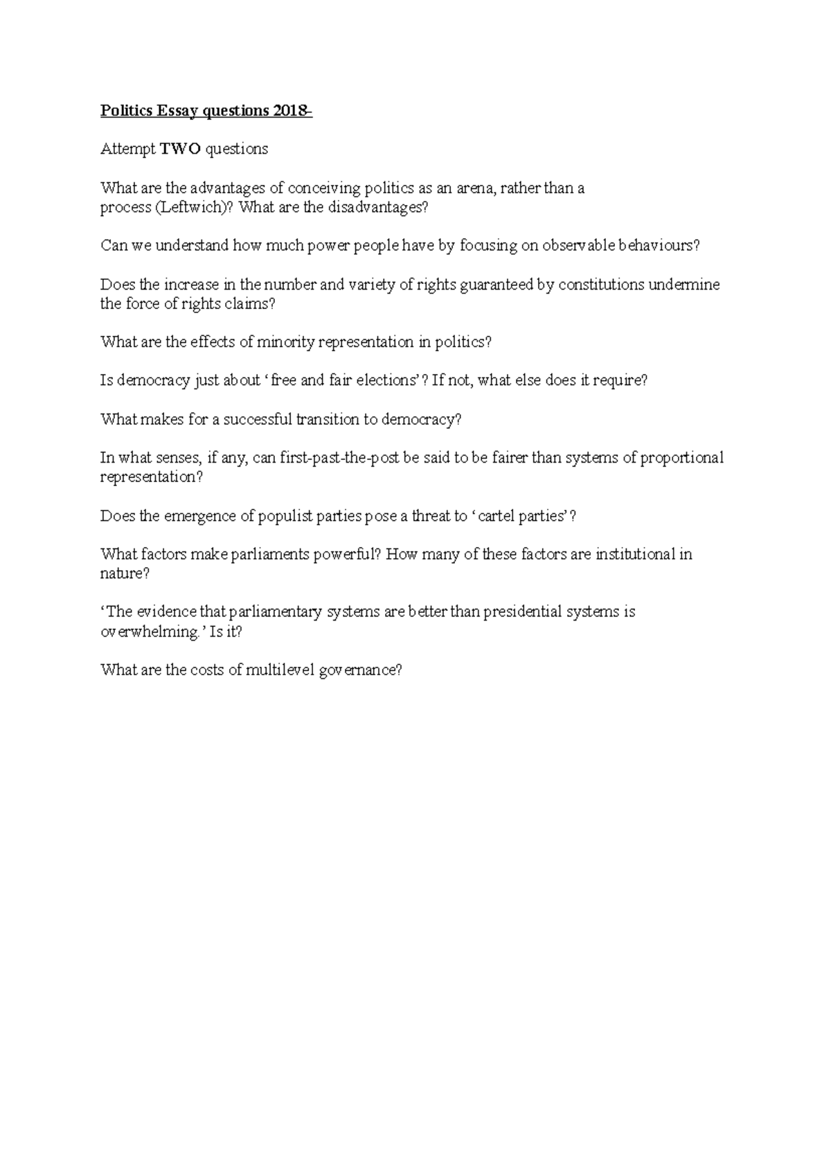 Exam 2018, questions - Politics Essay questions 2018- Attempt TWO ...