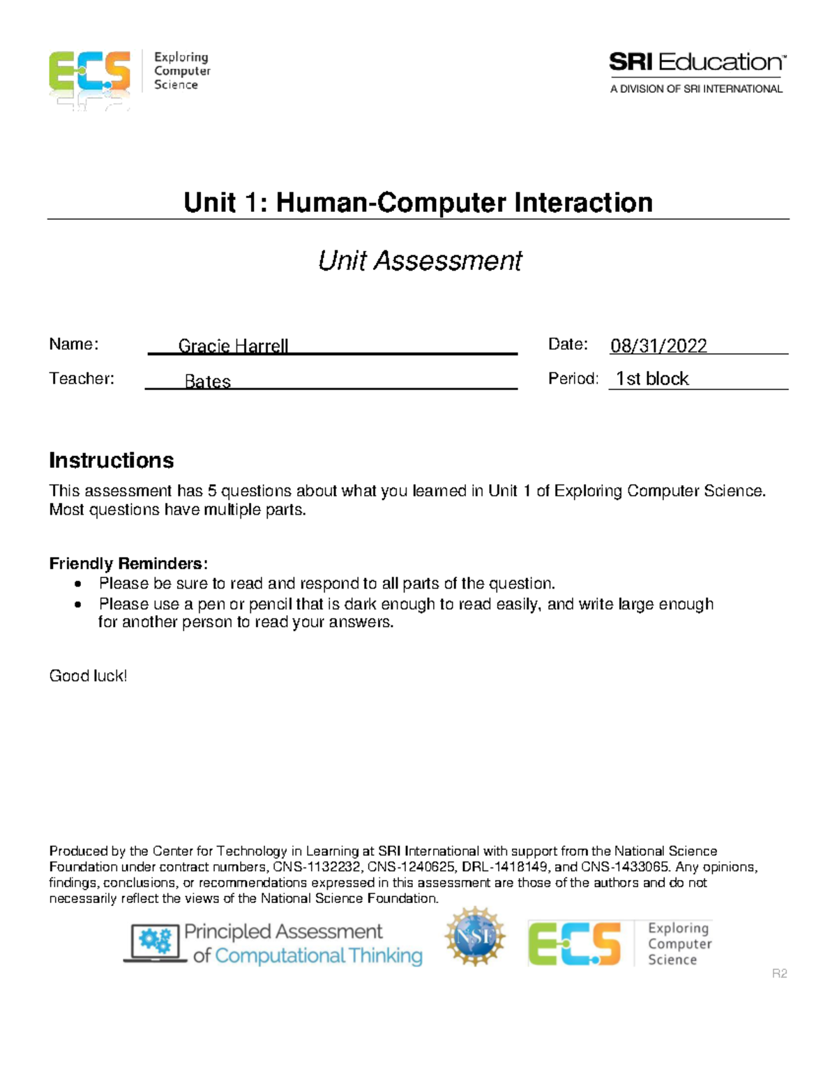 Kami Export - Gracie Harrell - Unit 1 Assessment - Unit 1: Human ...