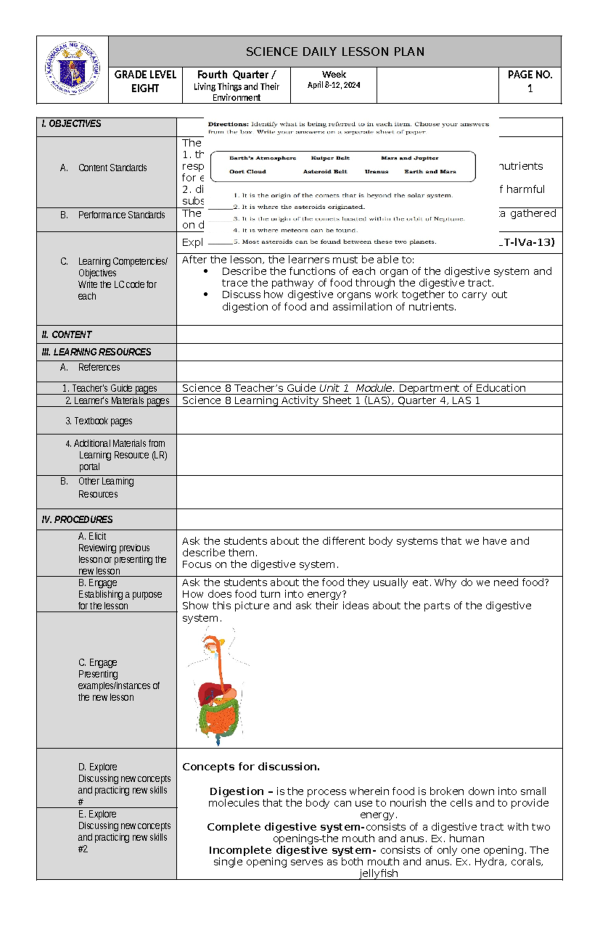 4th-Qtr - notes - GRADE LEVEL EIGHT Fourth Quarter / Living Things and ...