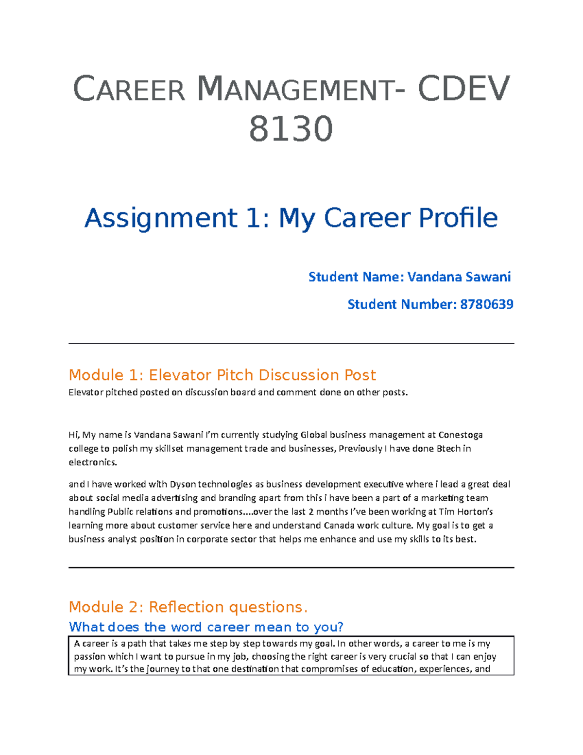 Career Management Assignment 1 CAREER MANAGEMENT CDEV 8130