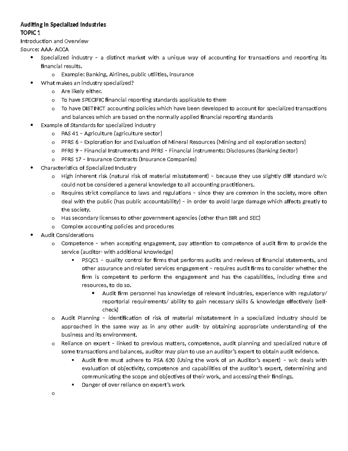 Auditing in Specialized Industries - o Example: Banking, Airlines ...