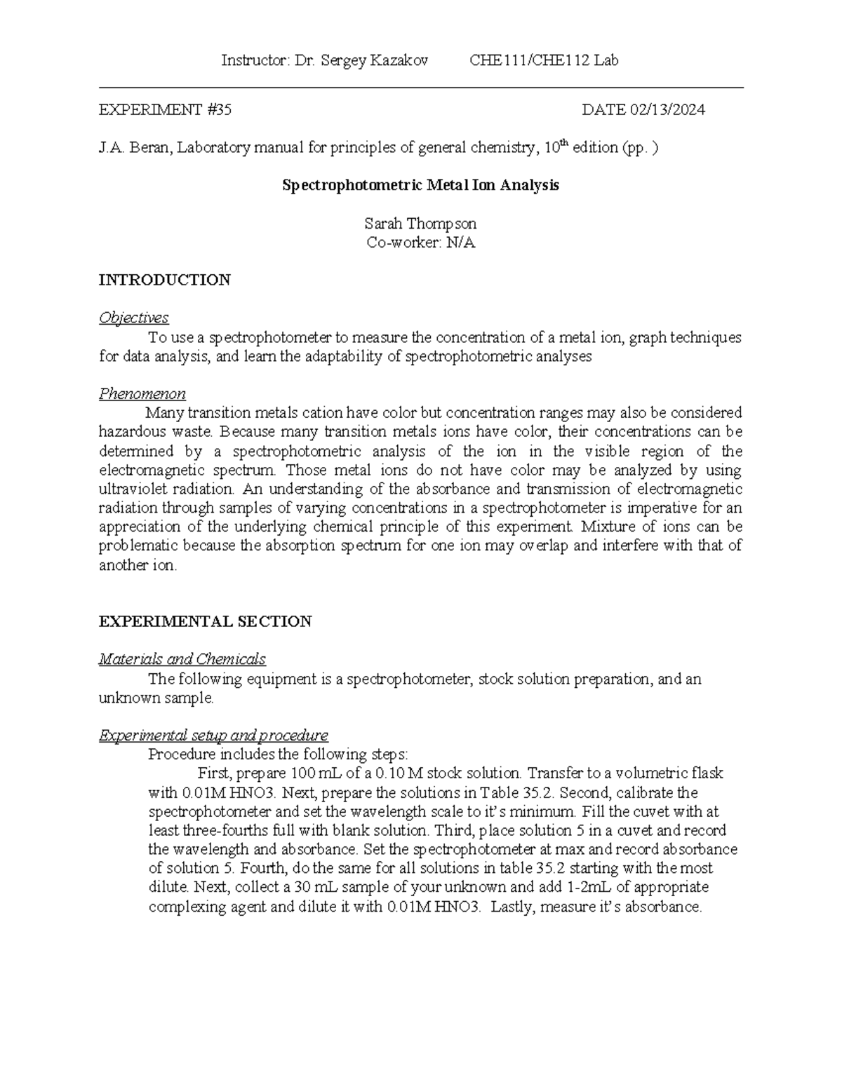 Experiment 35 Chem 112 - Exp 35 - Instructor: Dr. Sergey Kazakov CHE111 ...