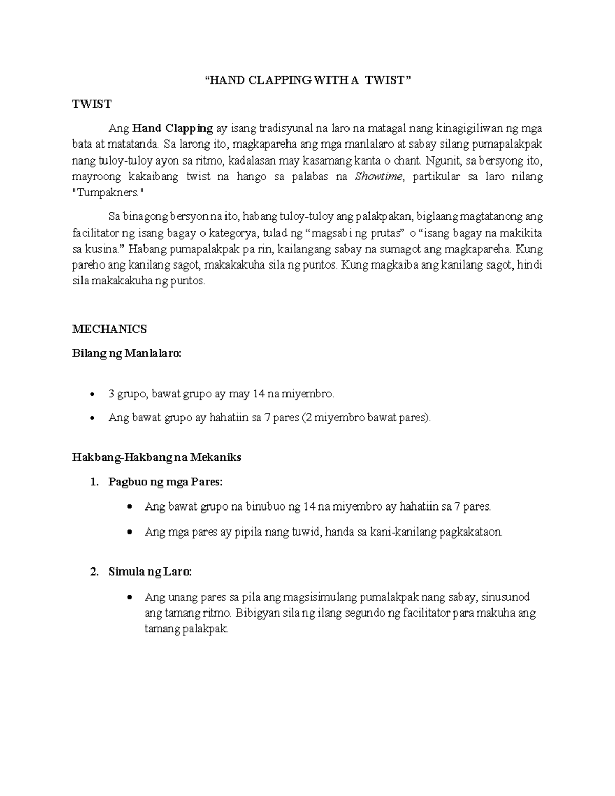 HAND Clapping WITH A Twist Draft Tagalog - “HAND CLAPPING WITH A TWIST ...