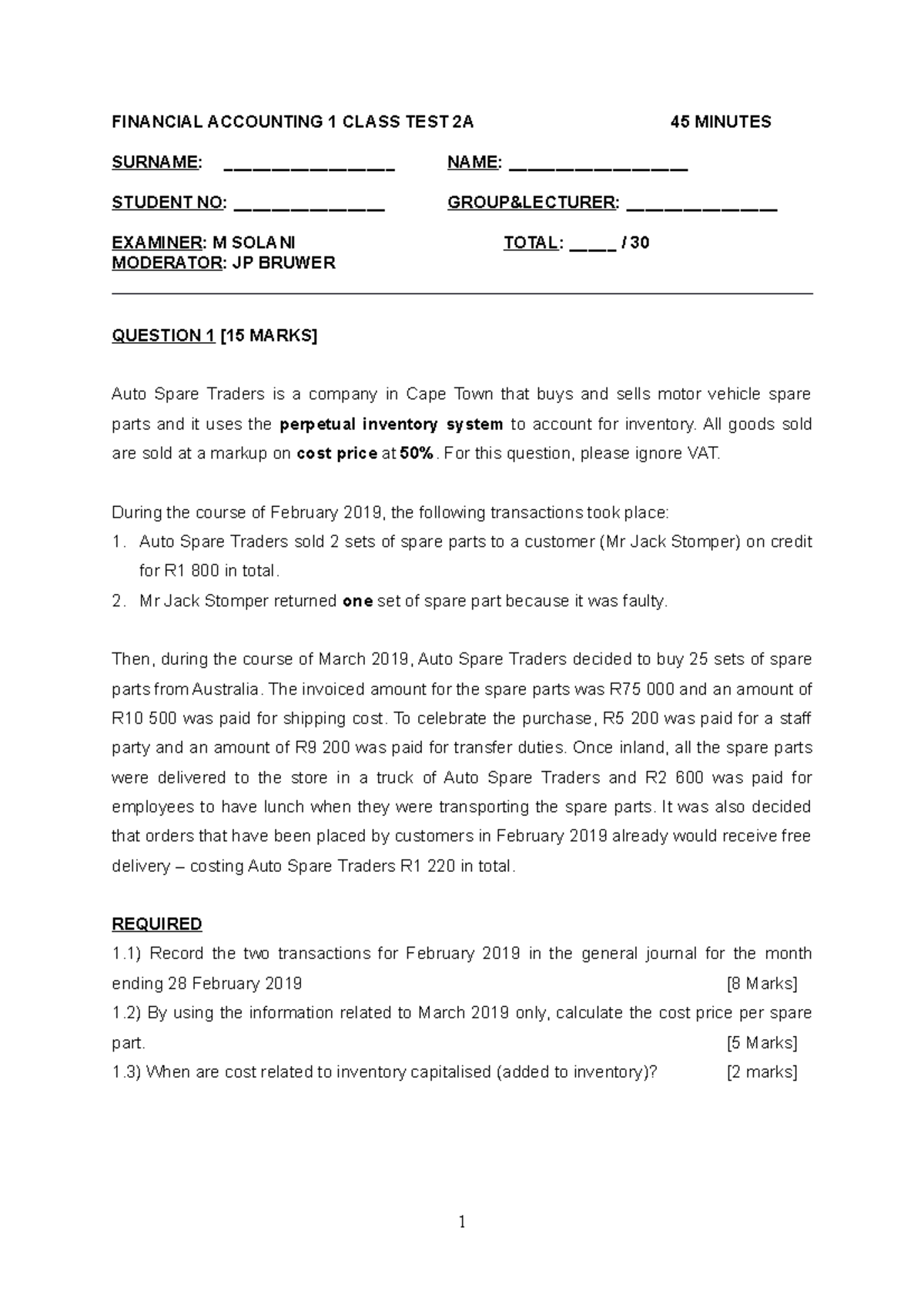 Financial Accounting 1 Class Test 2A - FINANCIAL ACCOUNTING 1 CLASS ...