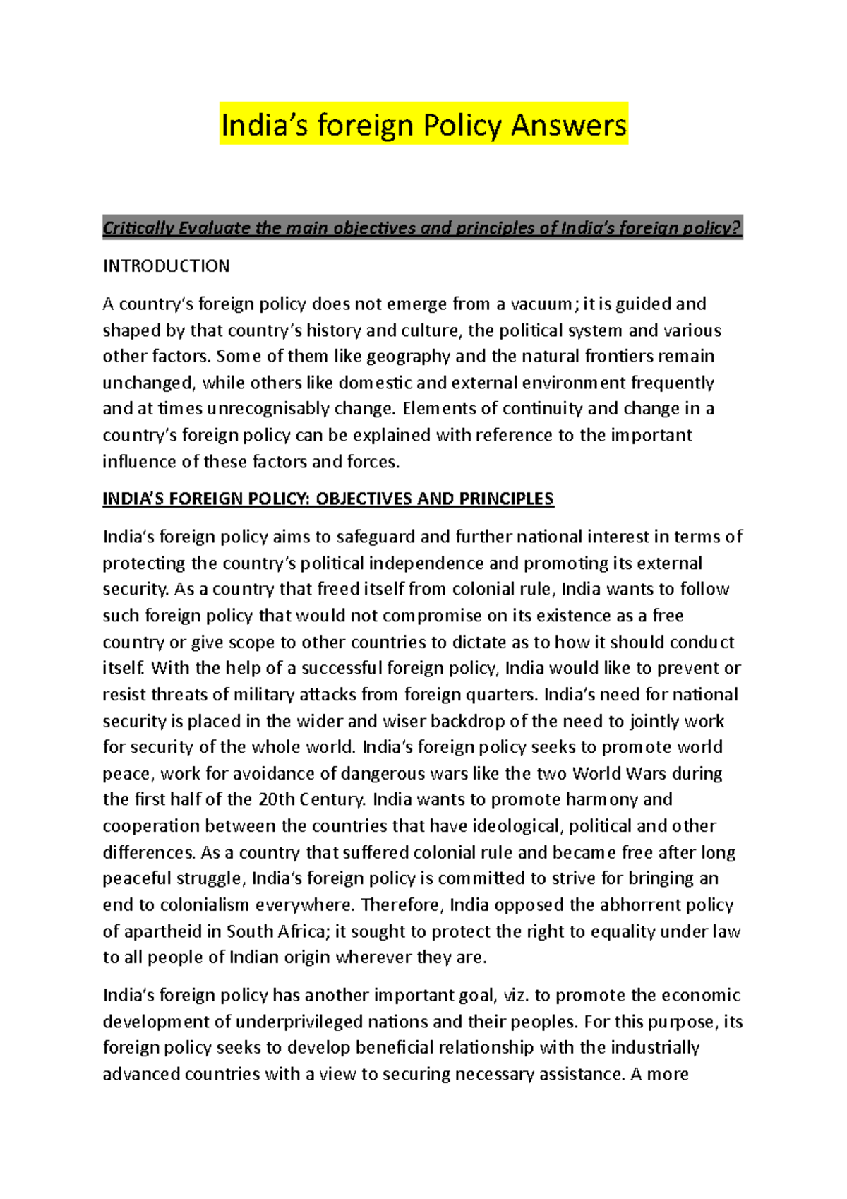IFP lecture notes. - India’s foreign Policy Answers Critically Evaluate ...