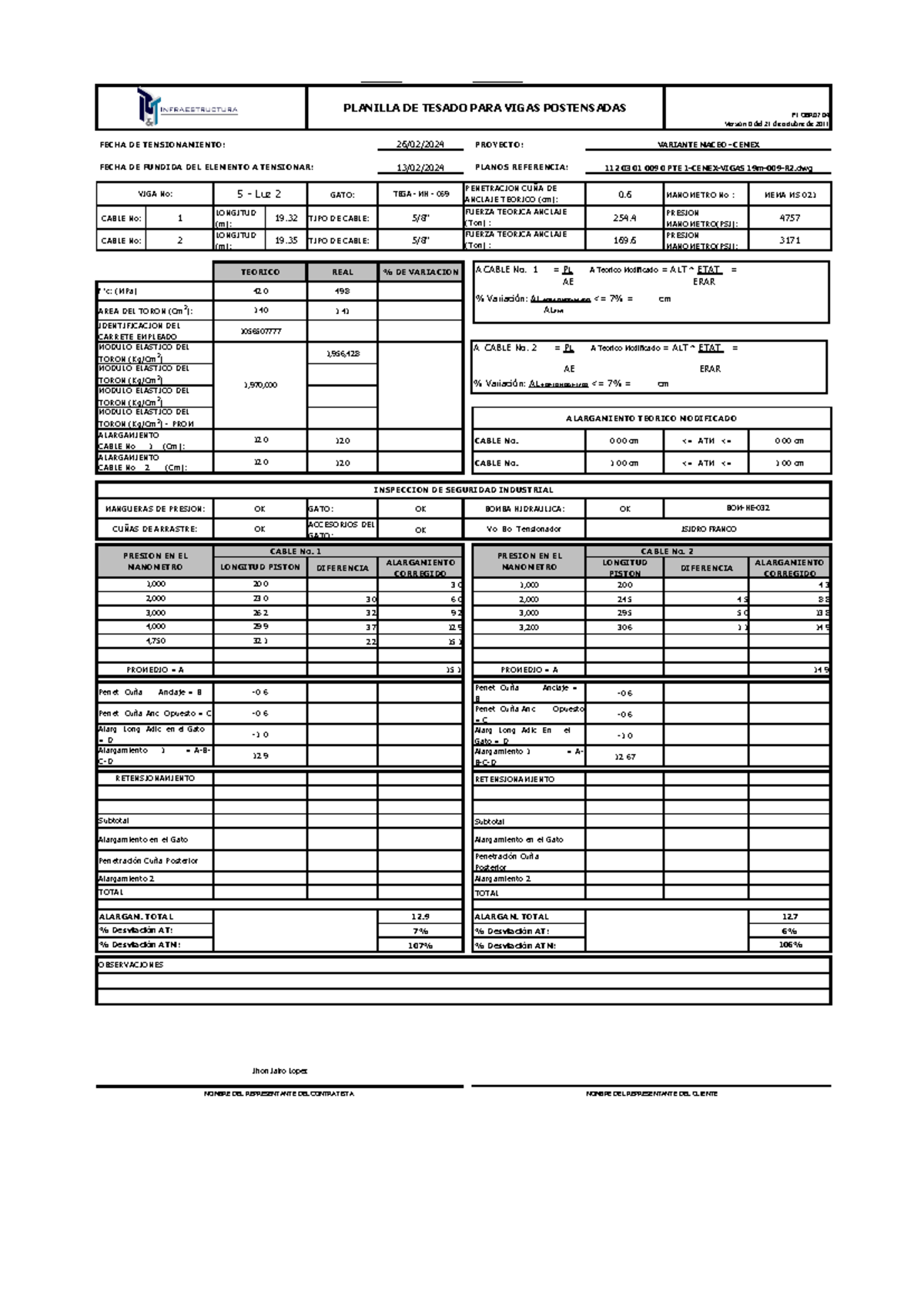 FOBR-09 Planilla DE Tesado Puente 1 - LUZ 2 - VIGA 5 - 26/02/2024 ...