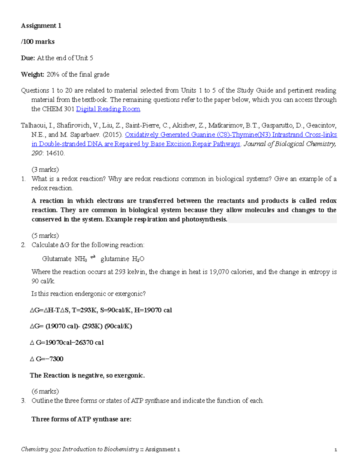 Assignment 01 biochem - Assignment 1 /100 marks Due: At the end of Unit ...