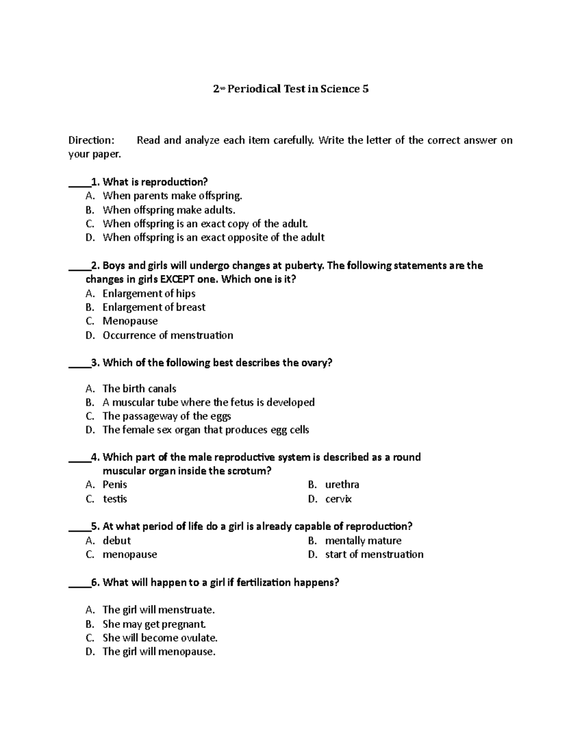 Science 5 2nd Periodical Test - 2 ND Periodical Test in Science 5 ...