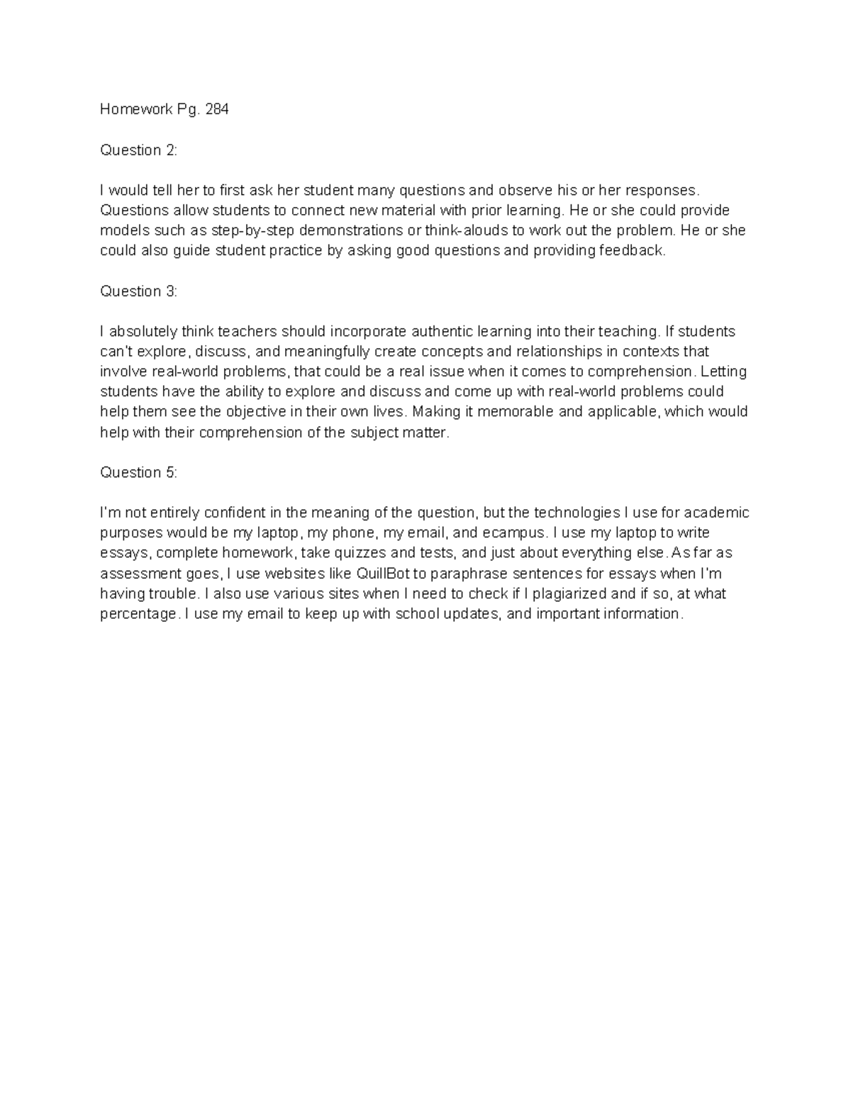 Homework Pg. 284 - This was an assignment given to us (according to the ...