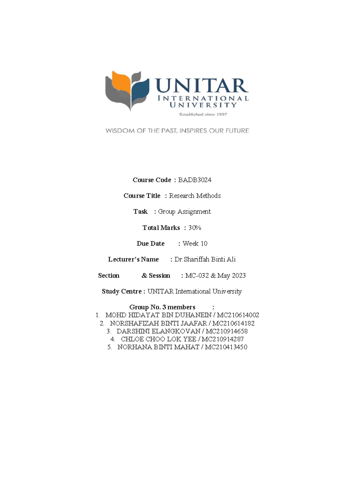 BADB3024 Research Methods Group No - Course Code : BADB Course Title ...