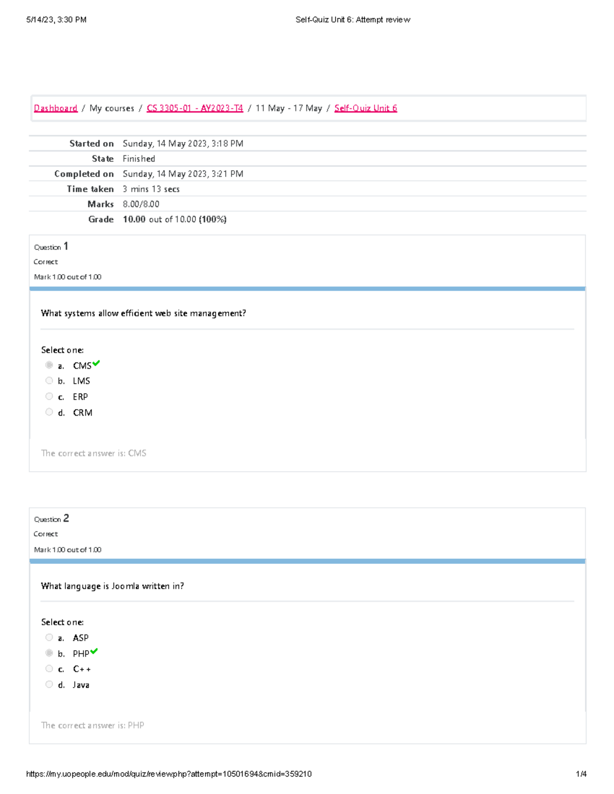 Self-Quiz Unit 6 Attempt review - Started on Sunday, 14 May 2023, 3:18 PM State Finished ...