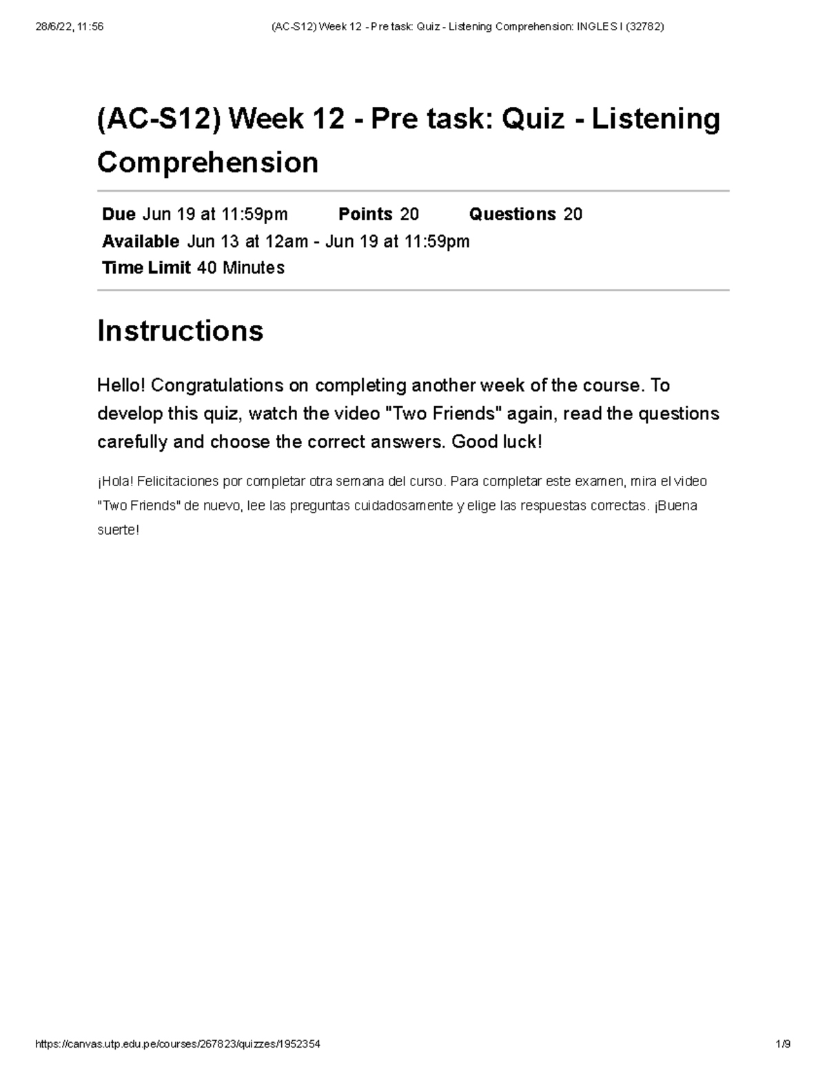 (AC-S12) Week 12 - Pre task Quiz - Listening Comprehension Ingles I ...