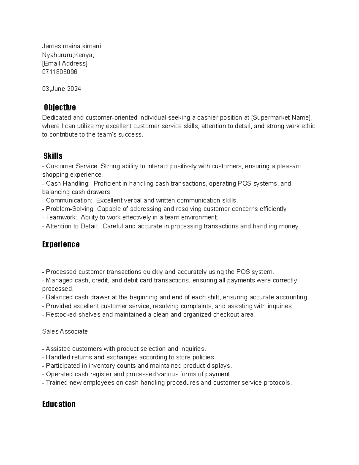 Cv - For writing an example of curriculum's vitae - James maina kimani ...