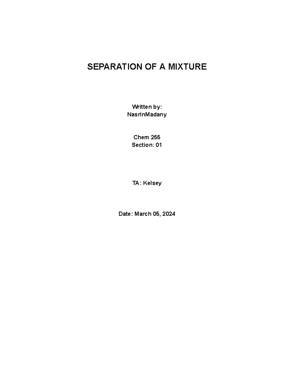 Separation of A mixture - SEPARATION OF A MIXTURE Written by ...