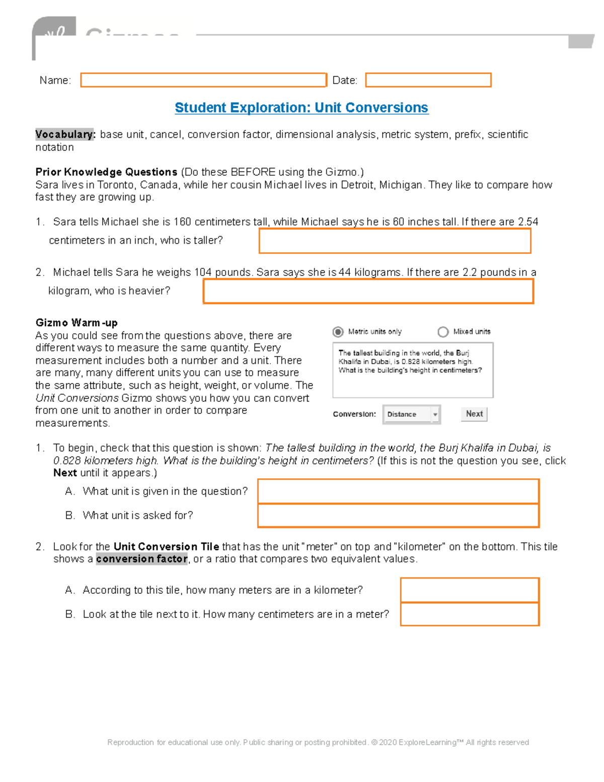 Module One Lesson Two Assignment - Name: Date: Student Exploration: Unit Conversions Vocabulary ...
