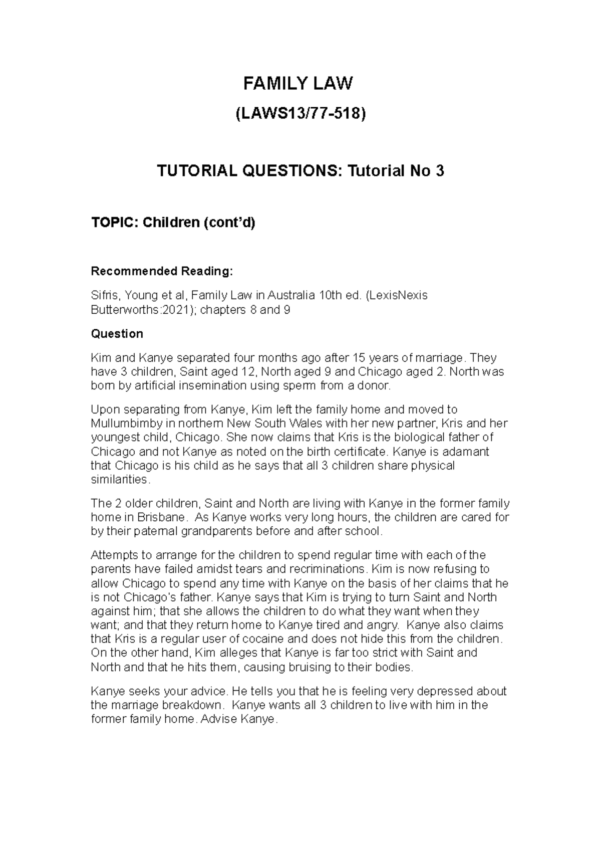 Tutorial Questions (No 3) Family LAW - FAMILY LAW (LAWS13/77-518 ...