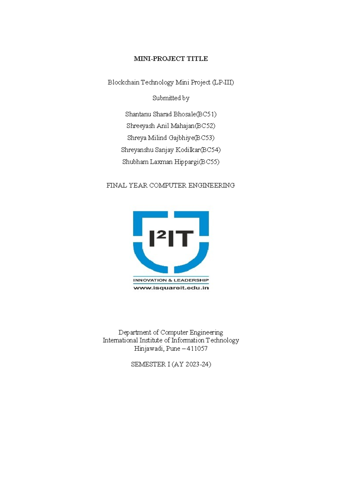 Blockchain technology mini project report as per sppu syllabus 2019 ...