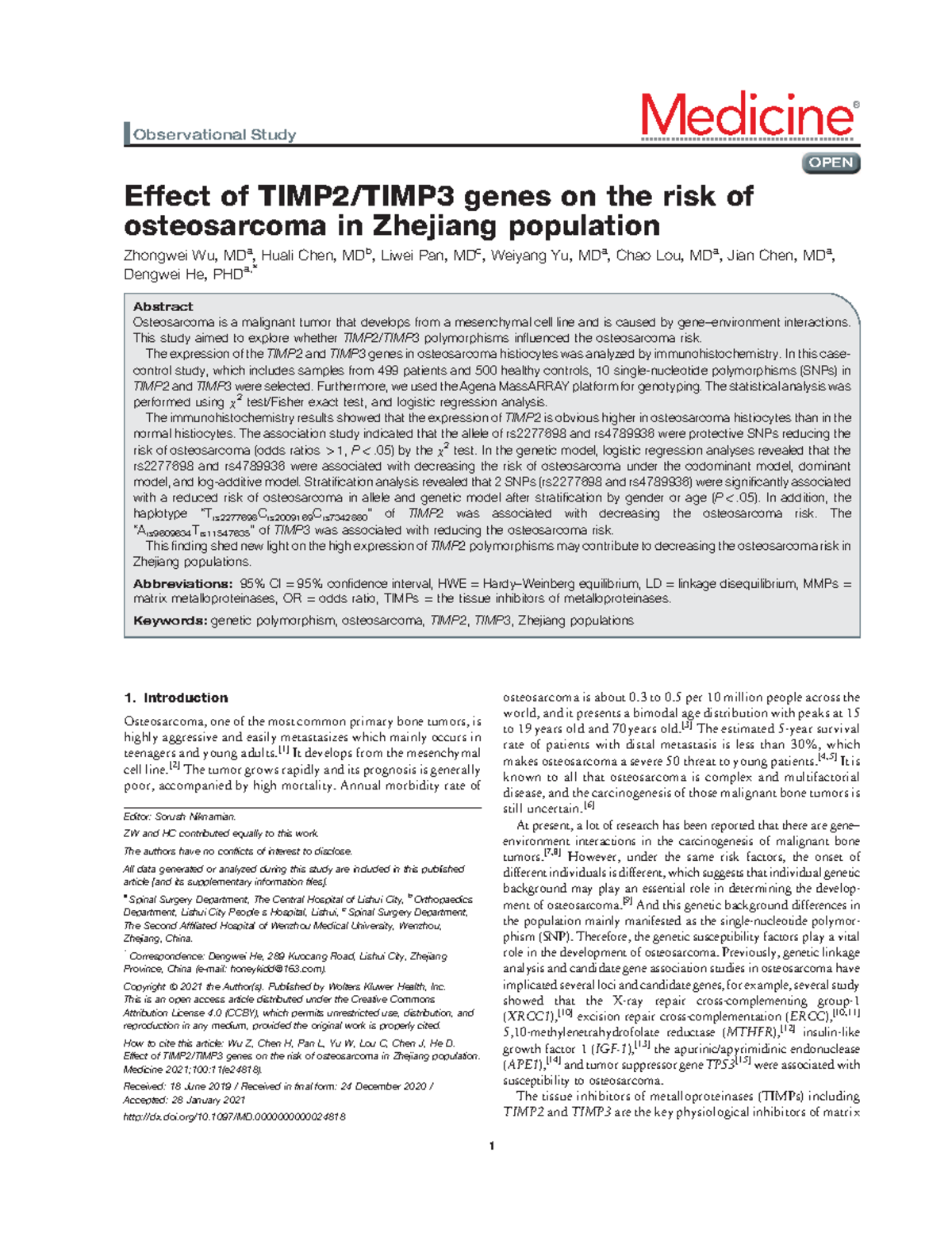 Osteosarcoma 2 - Effect of TIMP2/TIMP3 genes on the risk of osteosarcoma in Zhejiang population ...