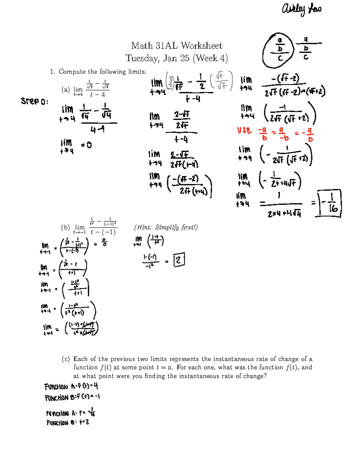 Worksheet for Math 31AL #7 - Math 31AL Worksheet Tuesday, Jan 25 (Week 4) Compute the following ...