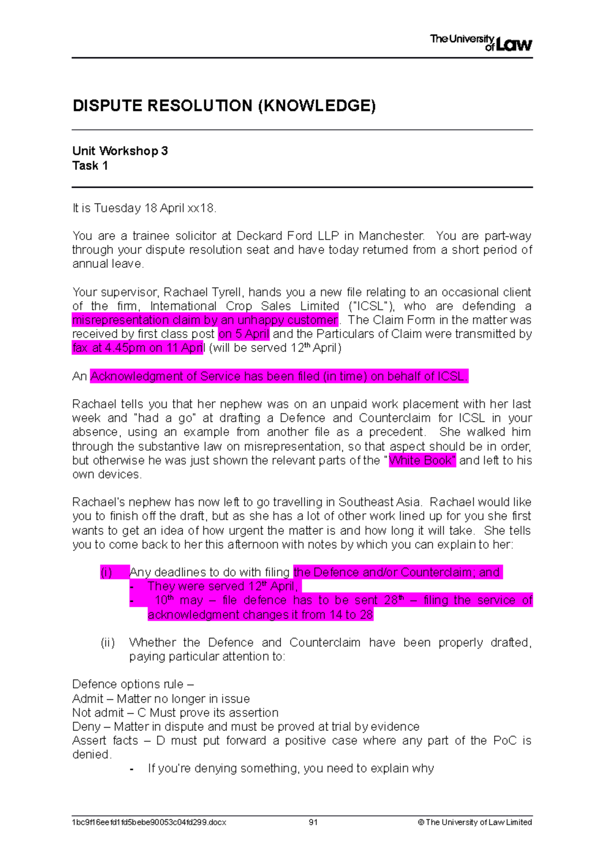 Dispute res w3 - Lecture notes - DISPUTE RESOLUTION (KNOWLEDGE) Unit ...