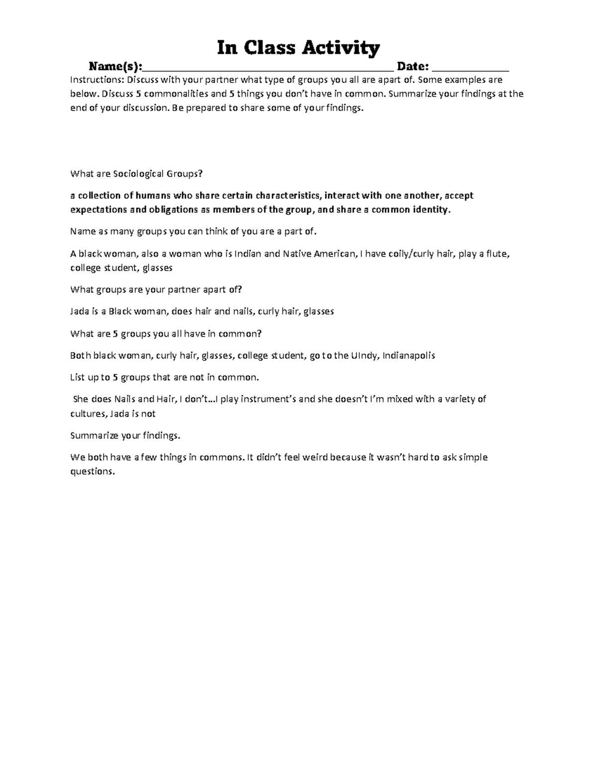 In class assignment - In Class Activity Name(s