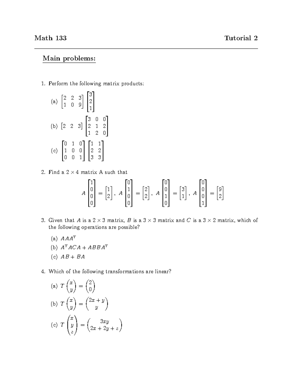 MATH 133 Tutorial 2 - summer - Math 133 Tutorial 2 Main problems ...