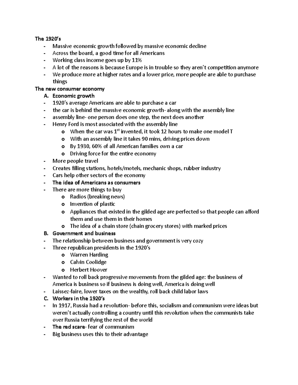 The 1920’s lecture notes - The 1920’s - Massive economic growth ...