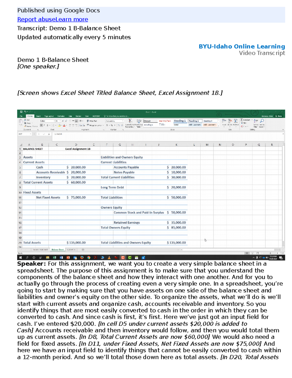 FIN 301 w K03 Transcript Balance Sheet - Published using Google Docs Report abuseLearn more ...