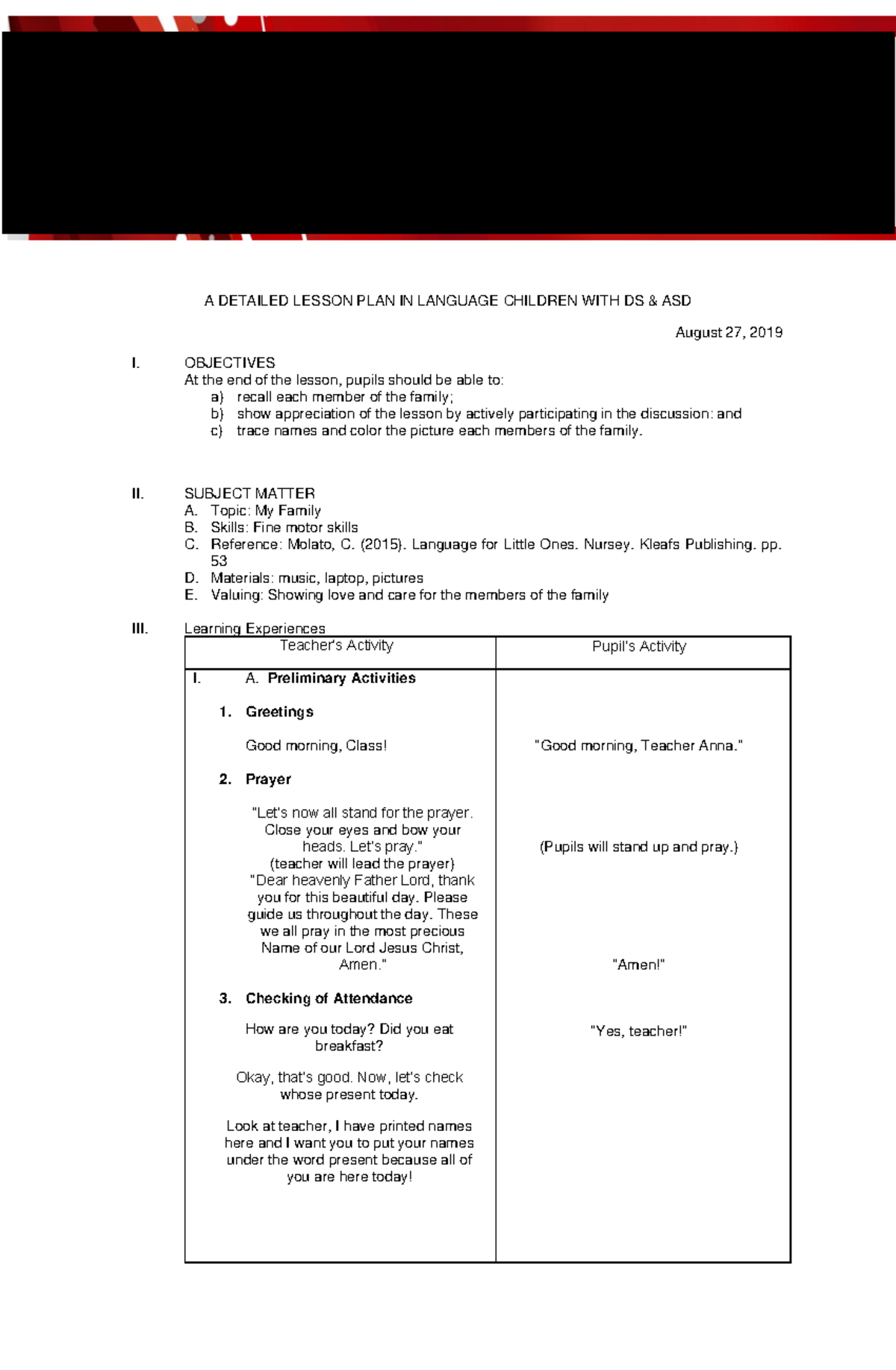A Detailed Lesson PLAN Sample for Childr - A DETAILED LESSON PLAN IN ...