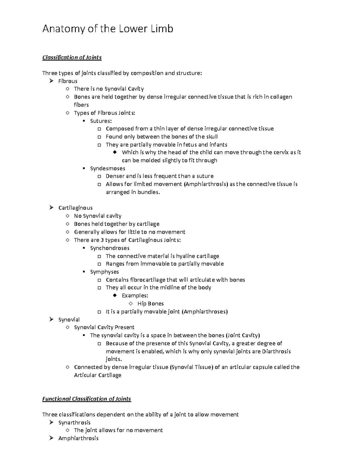 Anatomy of the Lower Limb - Classification of Joints Three types of ...