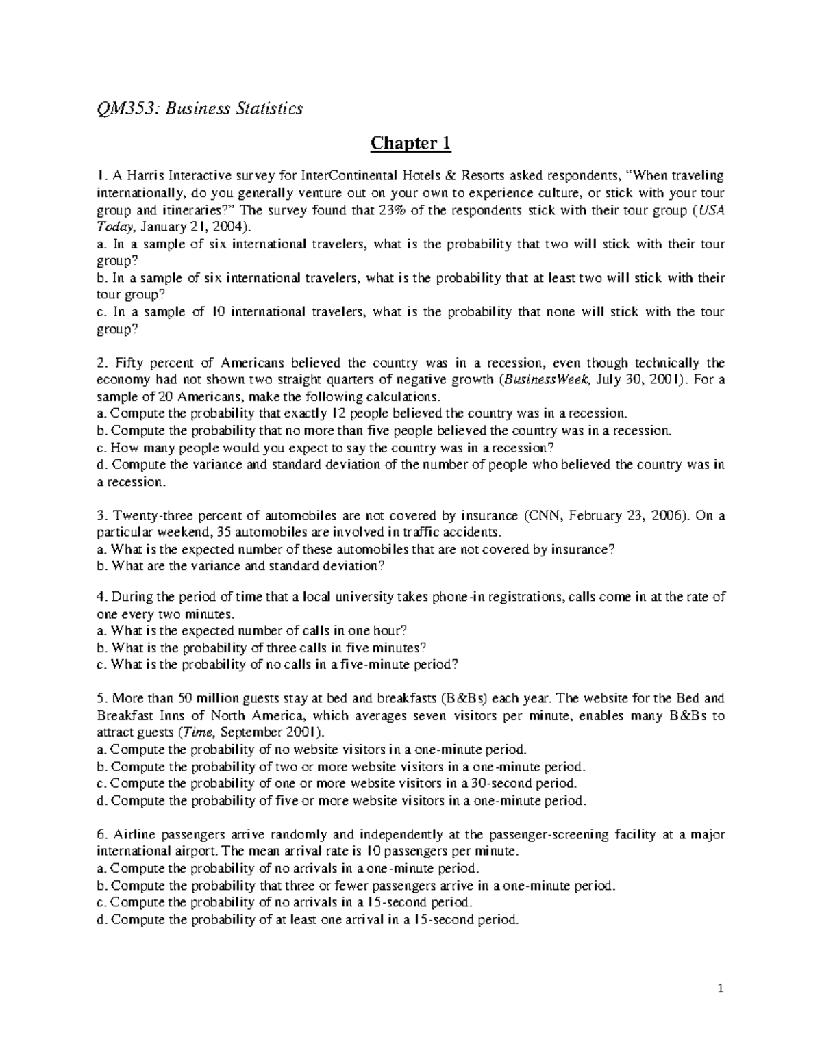 Hwchap 1 - QM 353 NOTES - QM353: Business Statistics Chapter 1 1. A ...