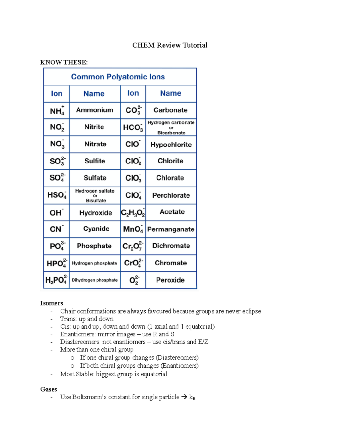 CHEM Review Tutorial - Lecture notes last one exam tutorial - CHEM ...