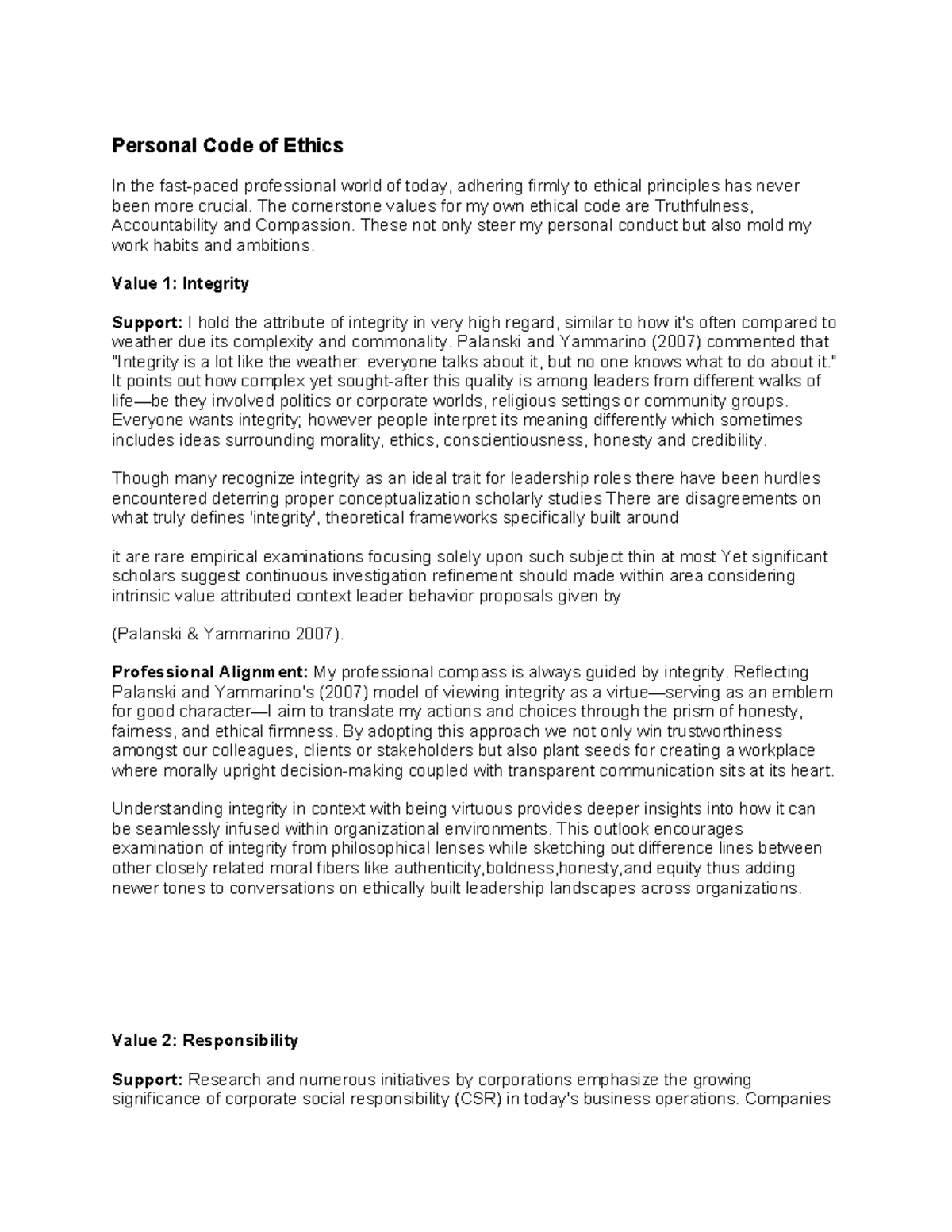 Personal Code of Ethics - The cornerstone values for my own ethical ...