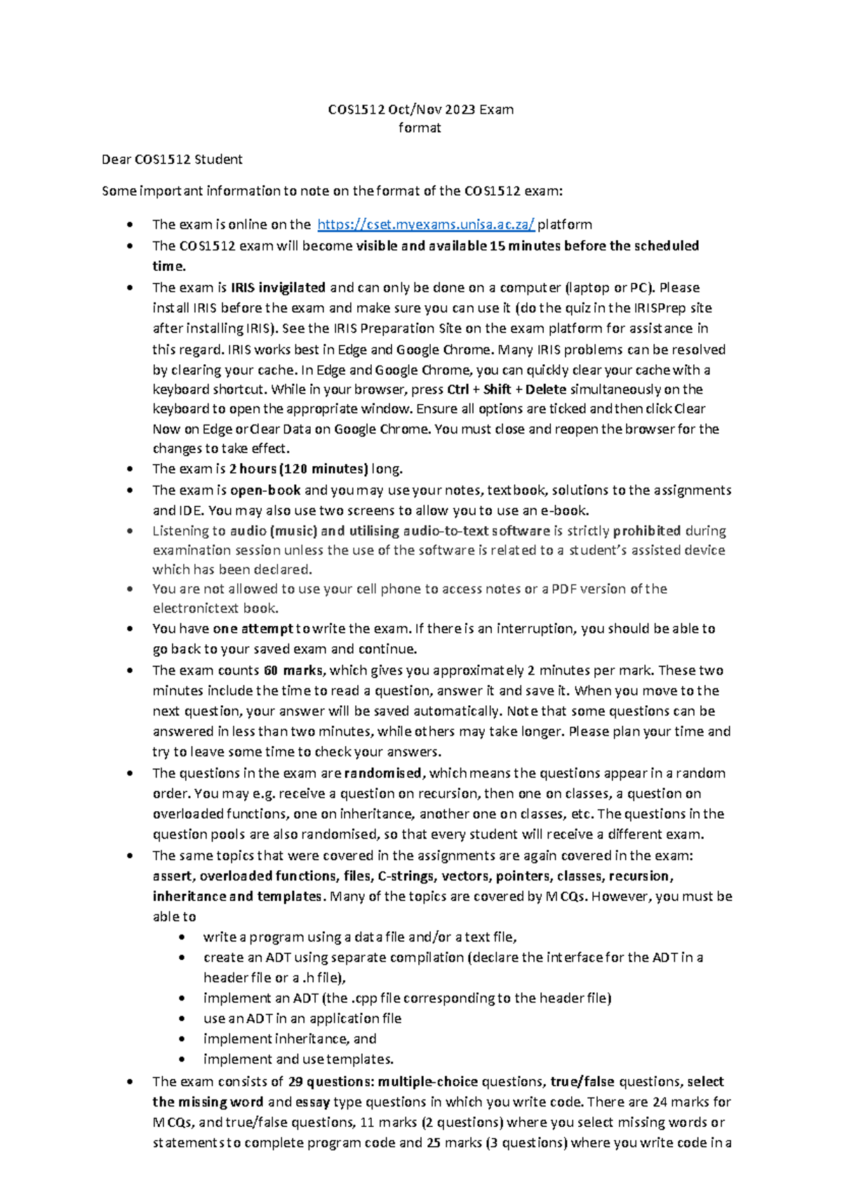 COS1512 2023 Exam format - COS1512 Oct/Nov 2023 Exam format Dear COS1512 Student Some important ...