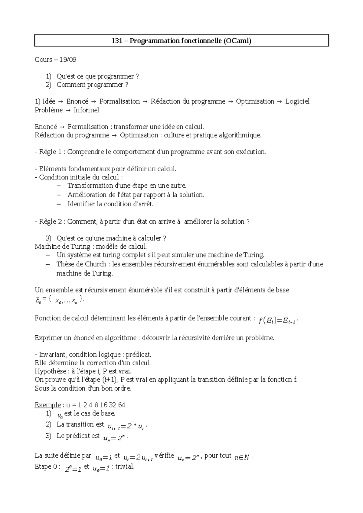 Cours i31 19 09 - I31 – Programmation fonctionnelle (OCaml) Cours – 19/ Qu'est ce que programmer ...