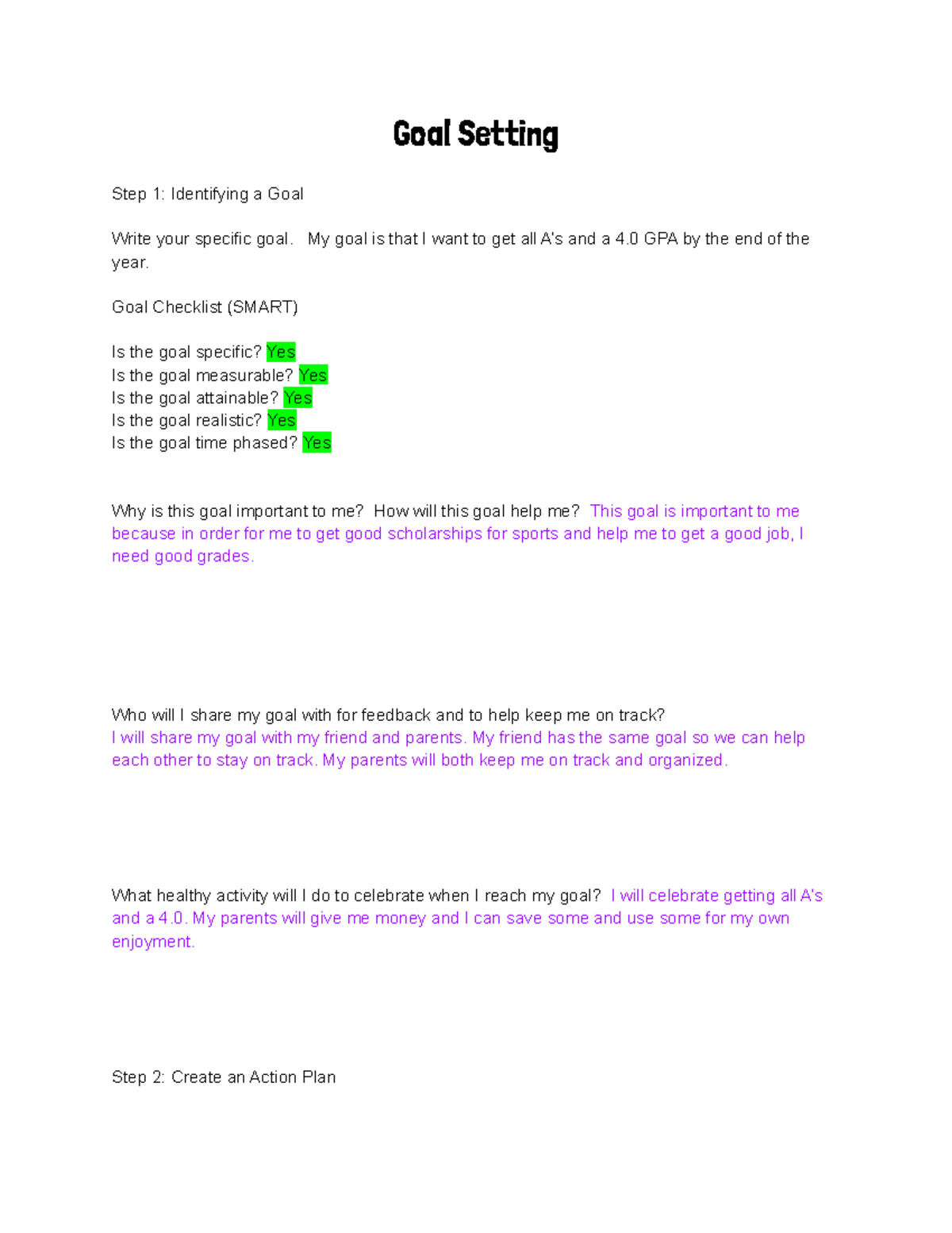 Goal Setting-Parker S - asdfasdfasdf - Goal Setting Step 1: Identifying ...