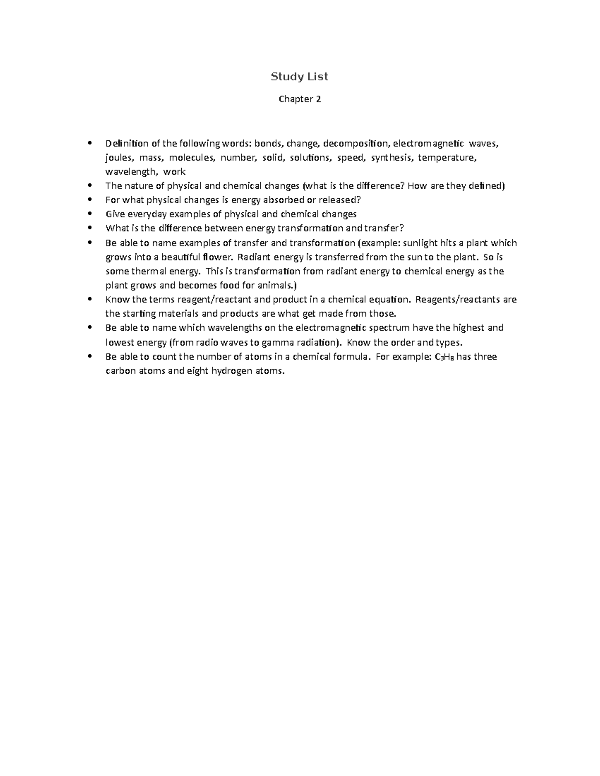 Chapter 2 study list - Study List Chapter 2 Definition of the following ...