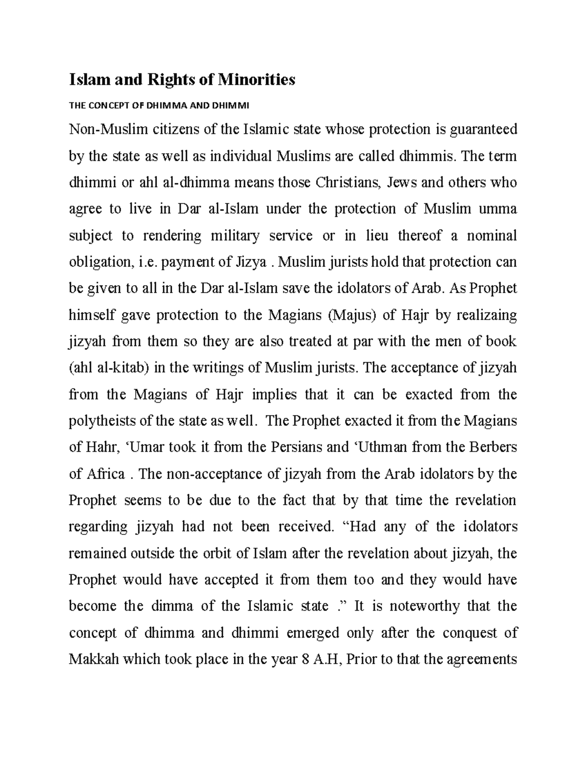 Islam and Rights of Minorities - The term dhimmi or ahl al-dhimma means ...