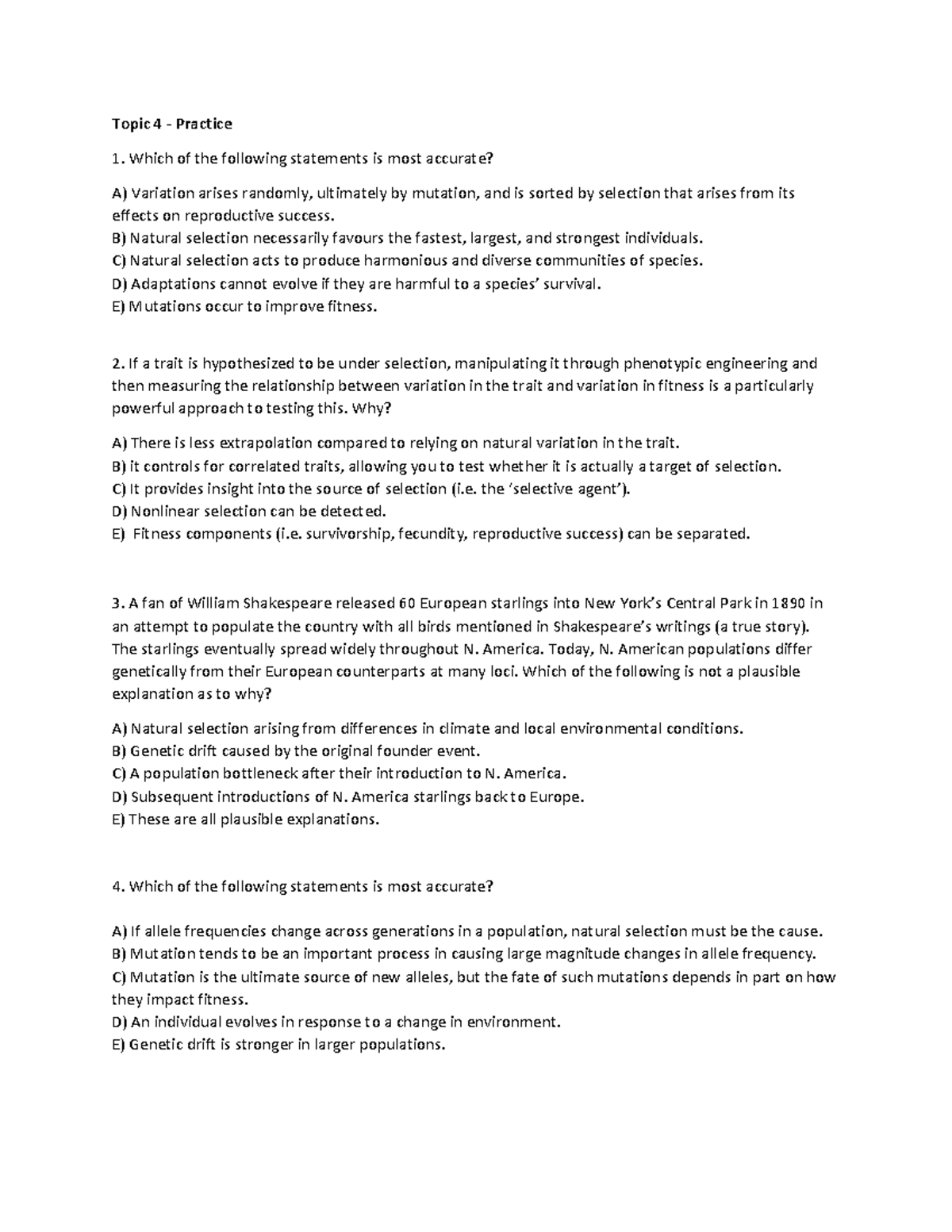 BIO Topic 4 Microevolution Practice - Topic 4 - Practice Which of the ...
