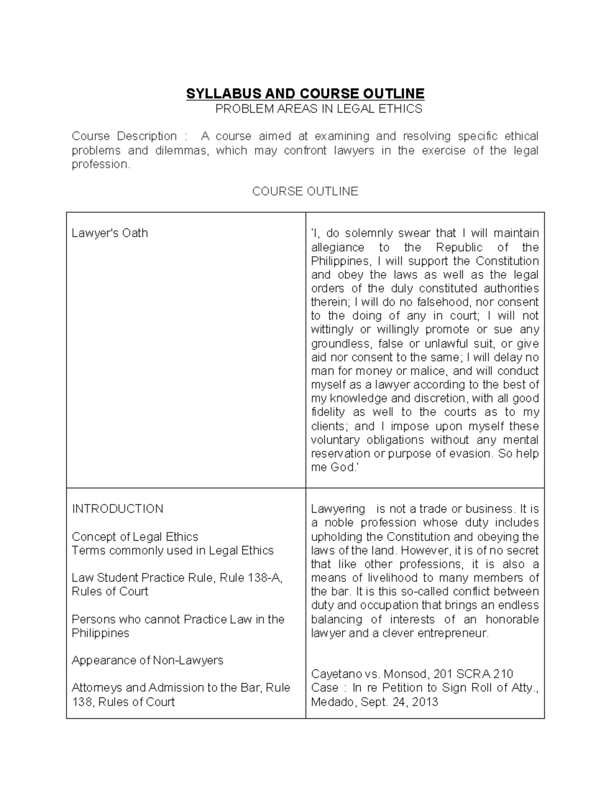 PALE Outline - dfgg - SYLLABUS AND COURSE OUTLINE PROBLEM AREAS IN ...