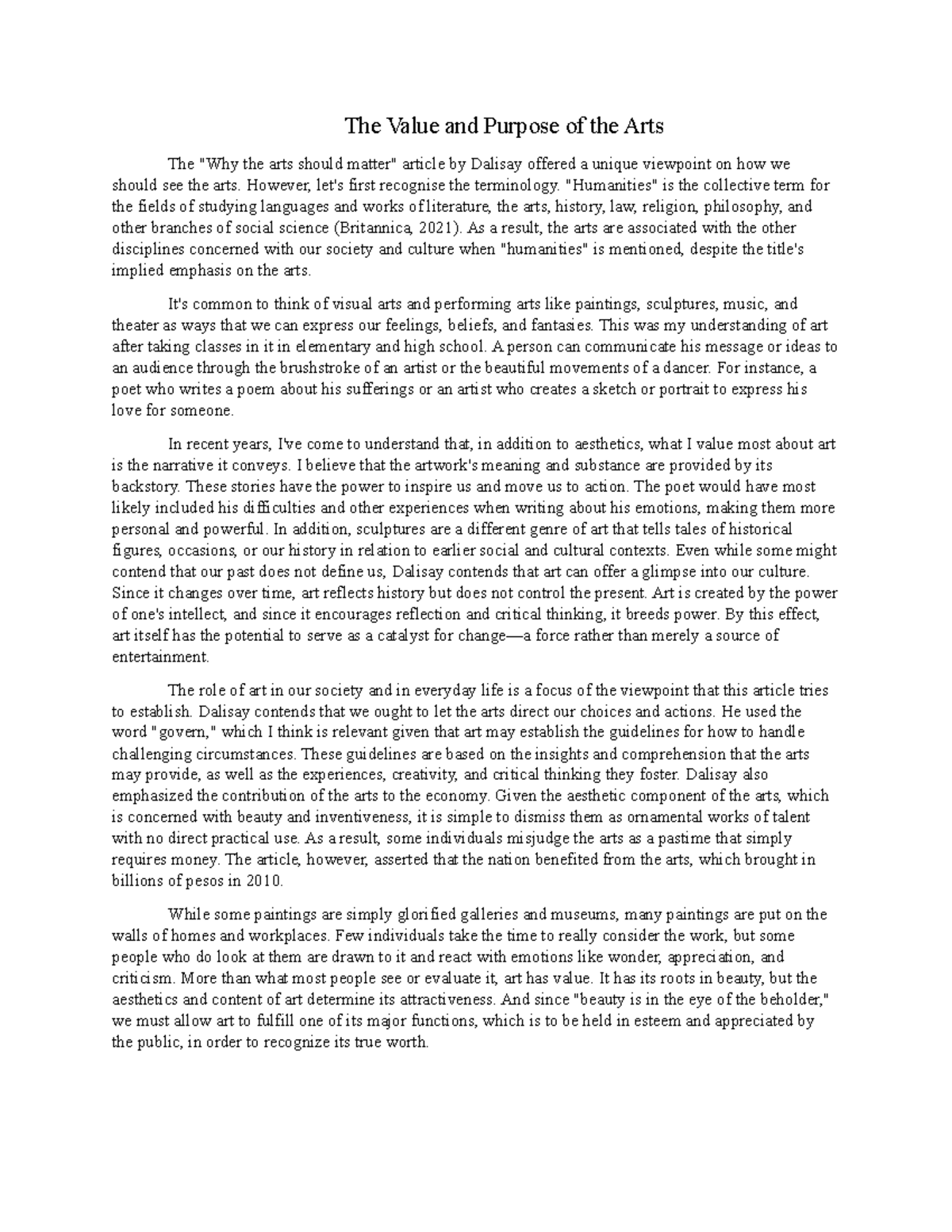 A1 Fernandez - Assignment 1 - The Value and Purpose of the Arts The ...