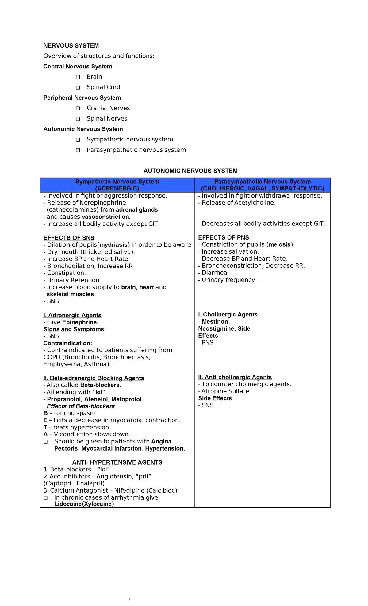 Nervous system evaluation - ) NERVOUS SYSTEM Overview of structures and ...