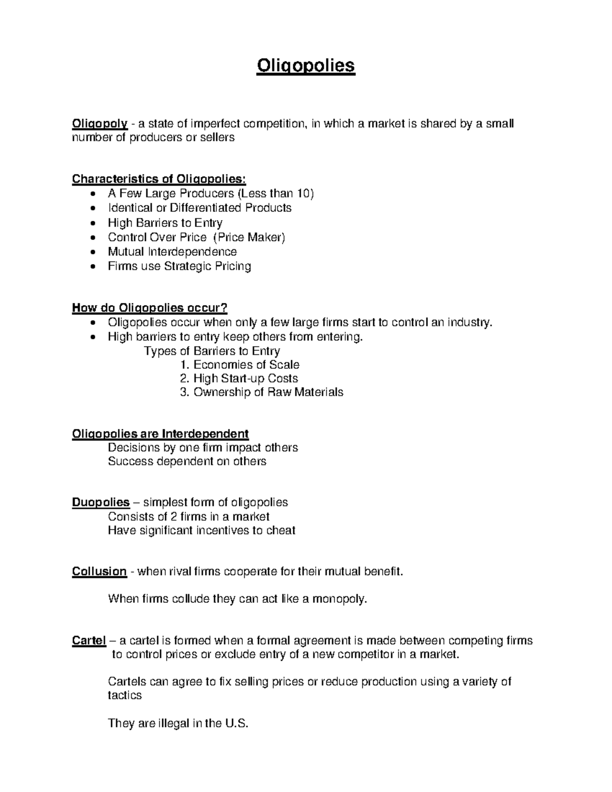 Oligopolies+notes - Oligopolies Oligopoly - a state of imperfect ...