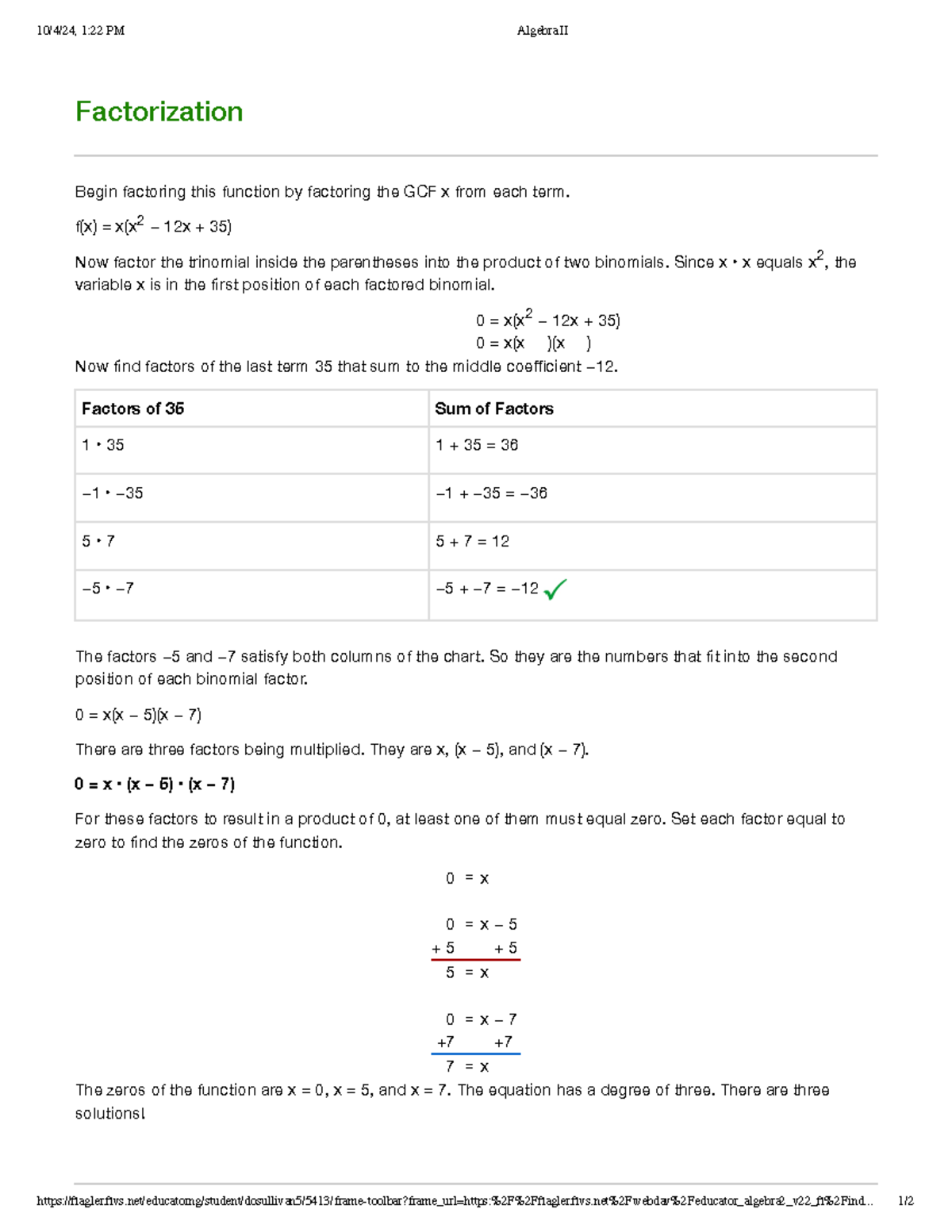 Factorization - Math - 0 = x(x − 12x + 35) 0 = x(x )(x ) Factorization ...