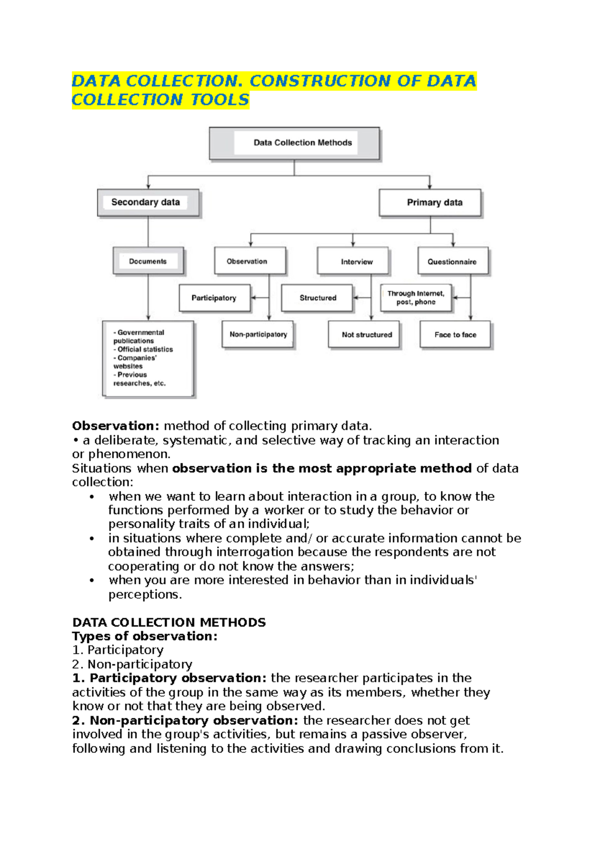 Final Exam notes - DATA COLLECTION. CONSTRUCTION OF DATA COLLECTION ...