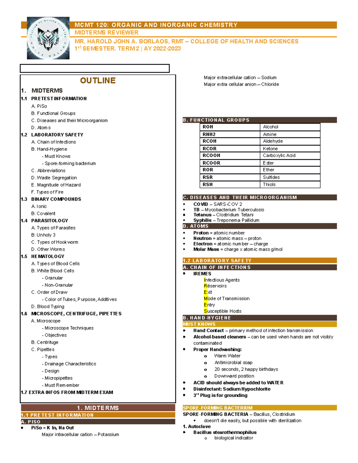 MCMT-130- Midterms-REV - MCMT 120: ORGANIC AND INORGANIC CHEMISTRY ...