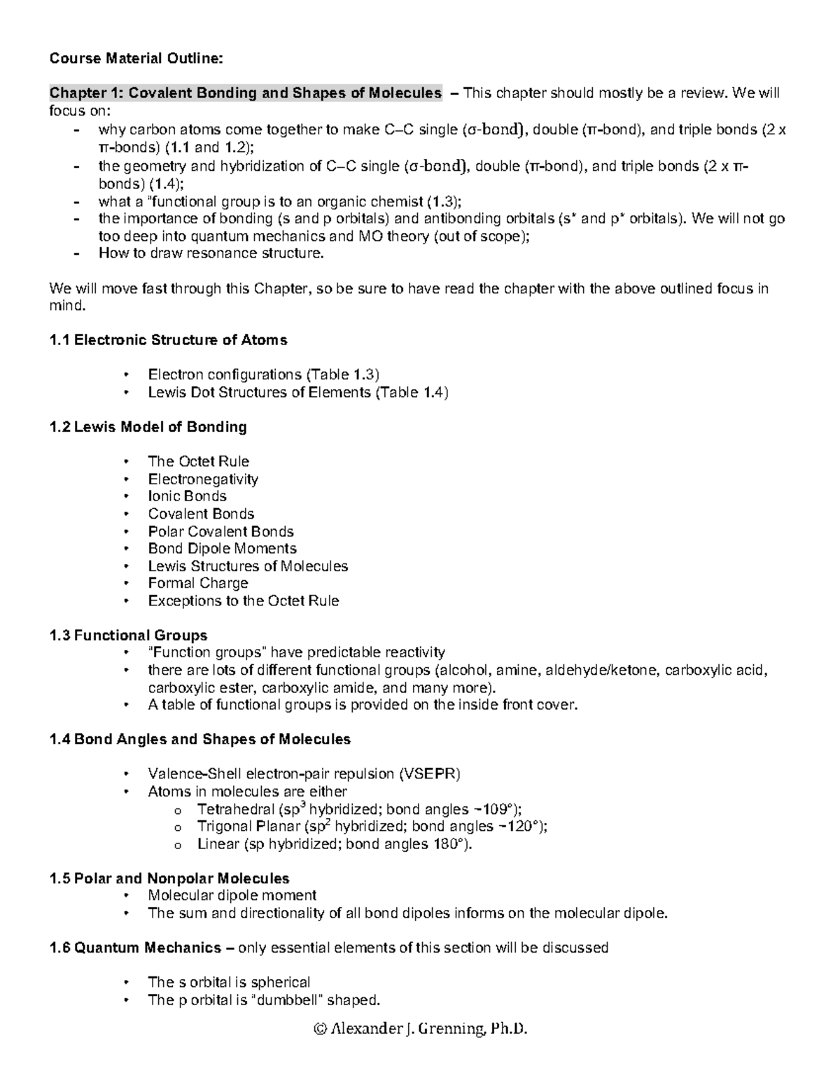 Material Outline Chapters Professor Alexander Grenning CHM2210 - Course ...